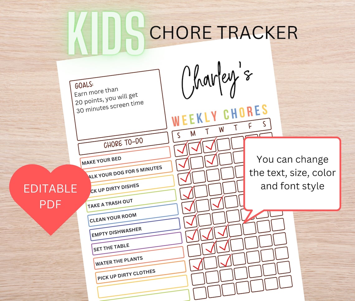 Chore Chart for Kids and Teens to Earn Screen Time Editable and ...