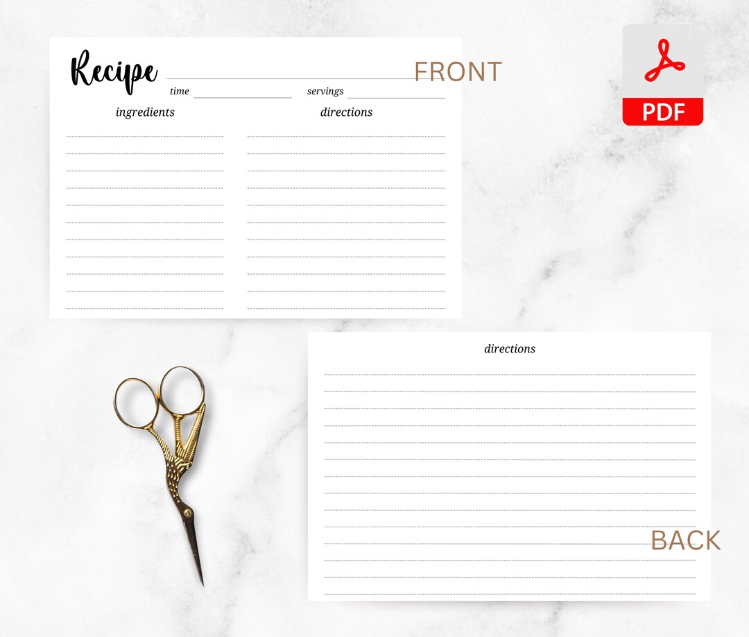 Recipe Card Printable Template Simple Minimal Recipe Card PDF Format ...