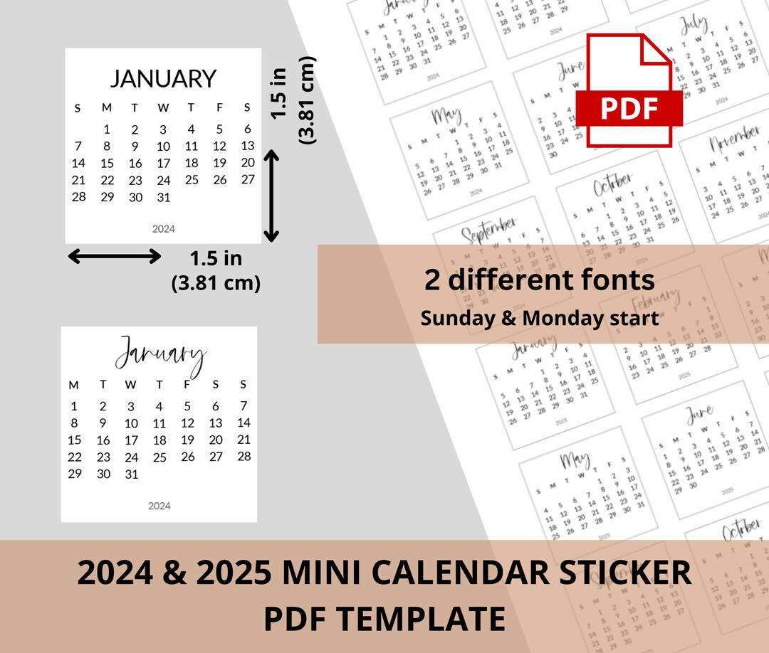 2024 & 2025 Mini Calendar Sticker Template Monthly Planner Monday and ...