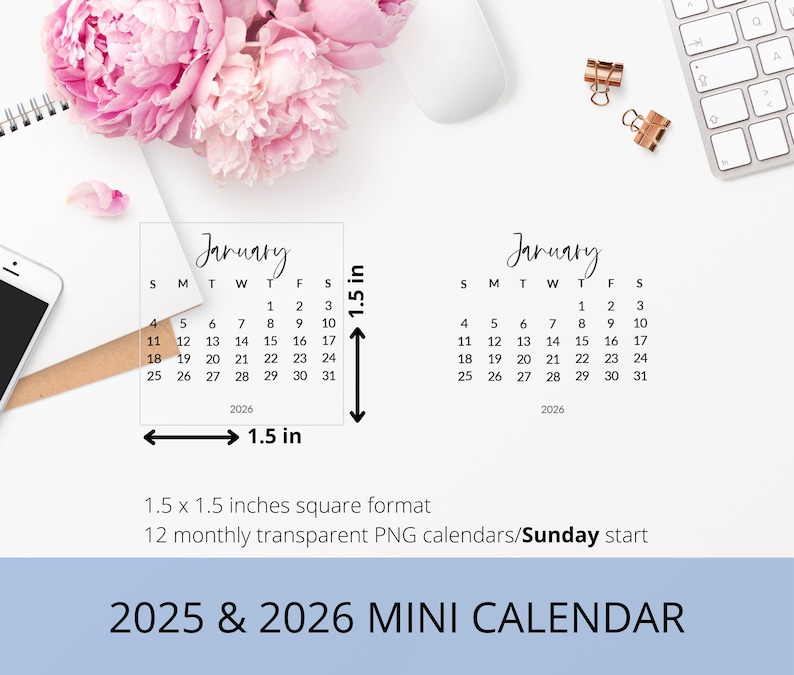 2025 & 2026 PNG Calendar for Digital Planner | Transparent Monthly 1.5 ...