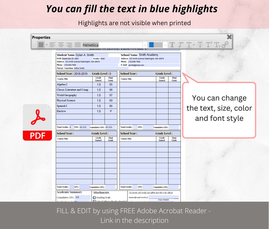 Fillable Printable High School Transcript Template, Homeschool Report ...