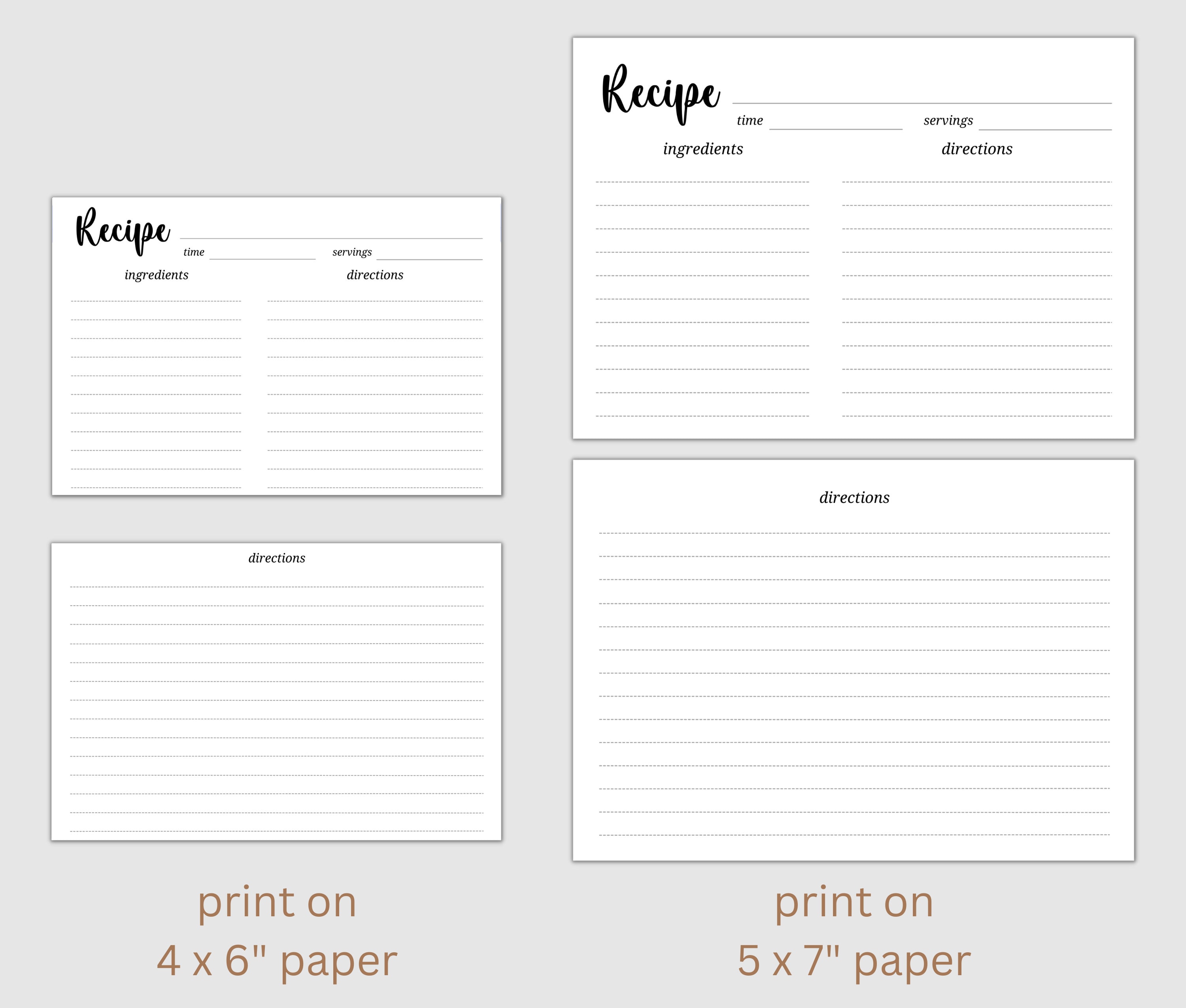 recipe-card-printable-template-simple-minimal-recipe-card-pdf-etsy