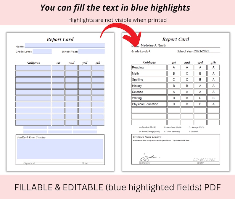 Fillable Homeschool Report Card Template, Grade Tracker (PDF) - Etsy