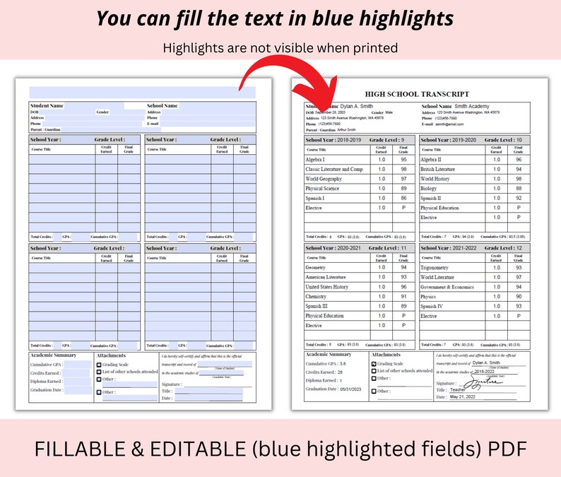 Fillable Printable High School Transcript Template, Homeschool Report ...