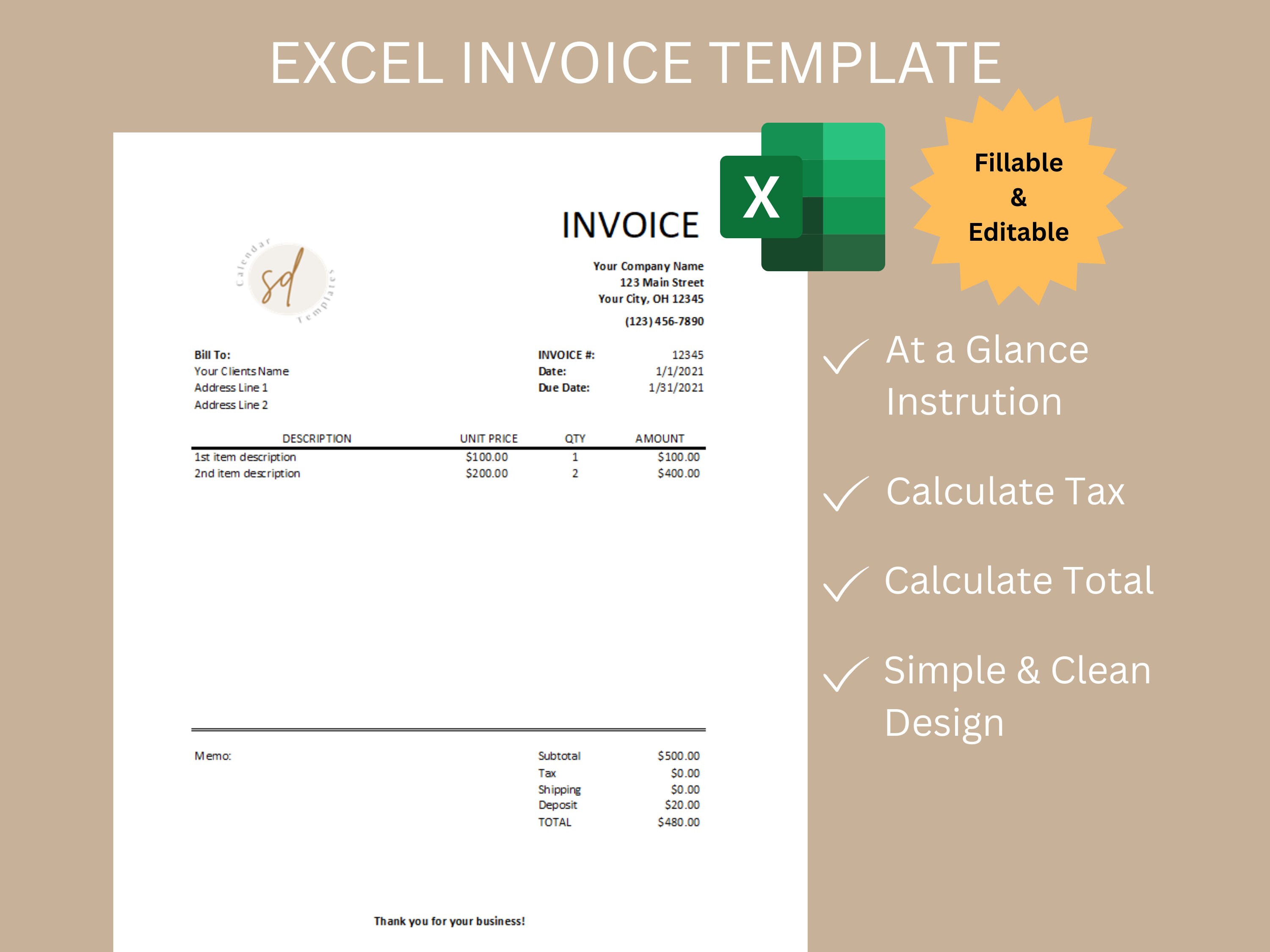 Excel Invoice Template for Small Business, Modern Simple Editable ...