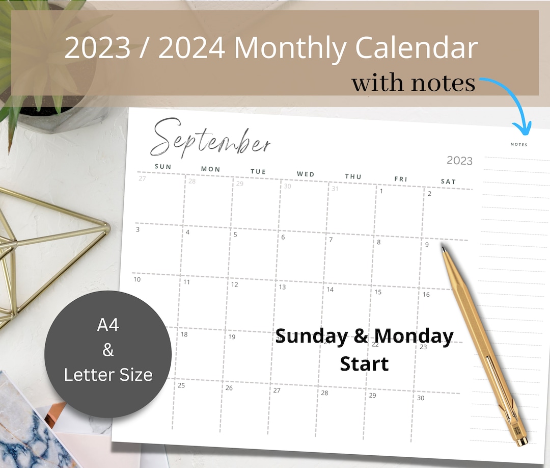 Printable 2023 & 2024 Monthly Calendar with Notes Monday and - Etsy España