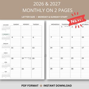 2026 2027 Monthly Calendar Printable | Lined Planner | A4 Letter Size ...