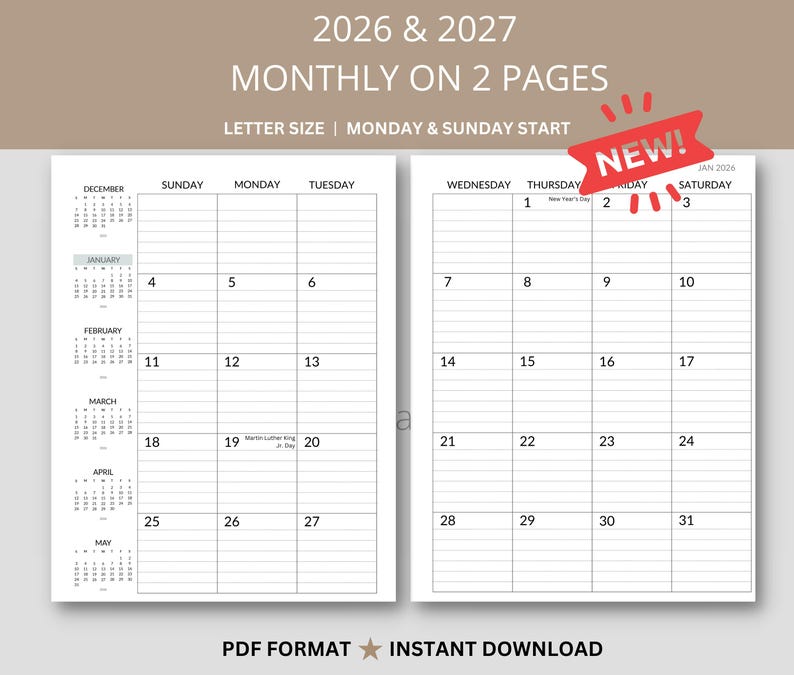 2026 2027 Monthly Calendar Printable | Lined Planner | A4 Letter Size ...