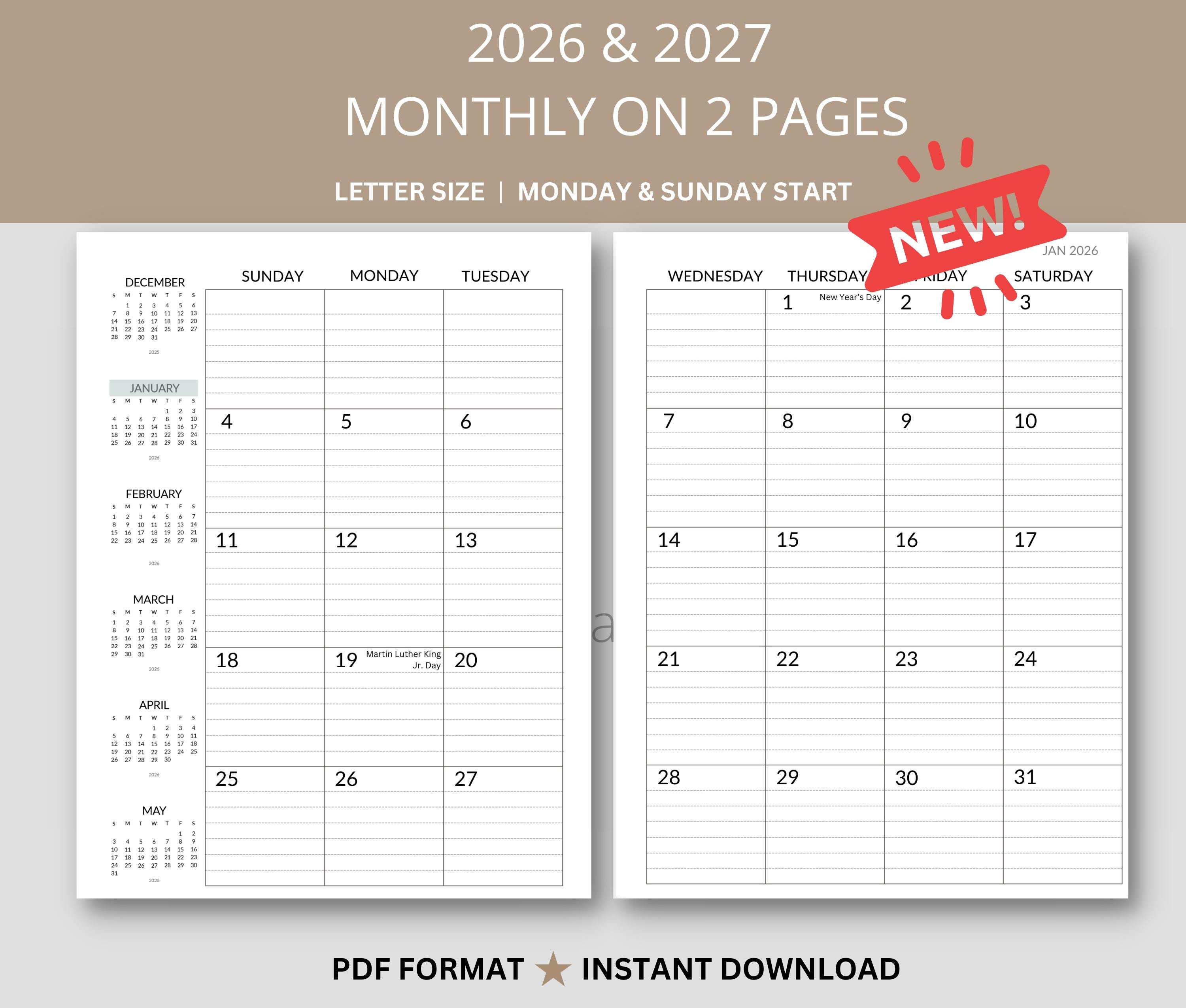 2026 2027 Monthly Calendar Printable | Lined Planner | A4 Letter Size ...