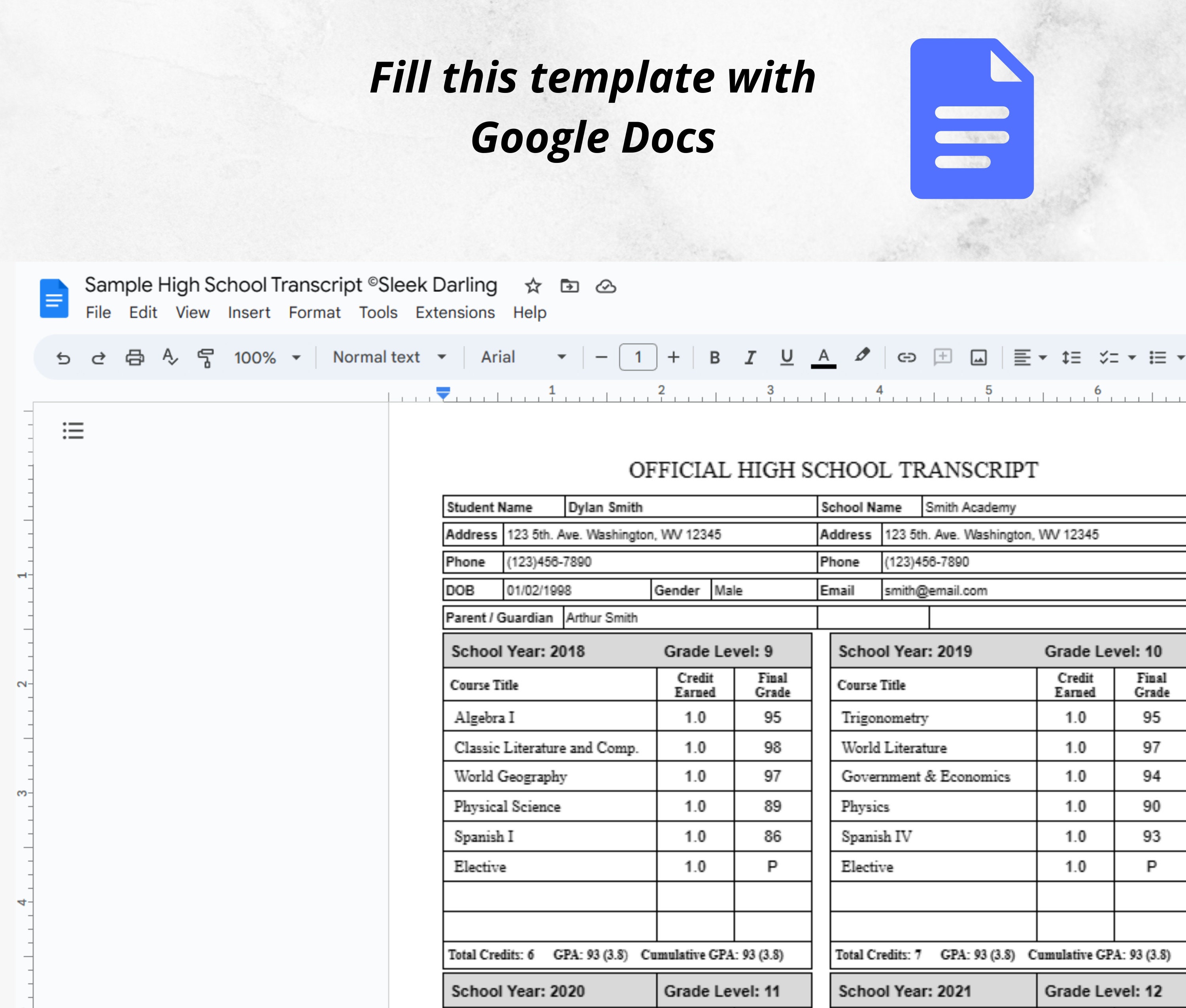 Fillable Printable High School Transcript Template With Google Docs ...