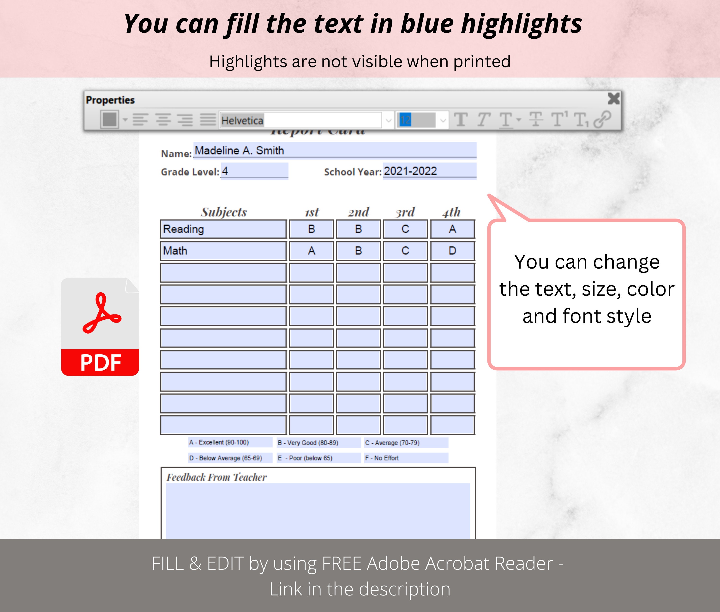 Fillable Homeschool Report Card Template, Grade Tracker (PDF) - Etsy