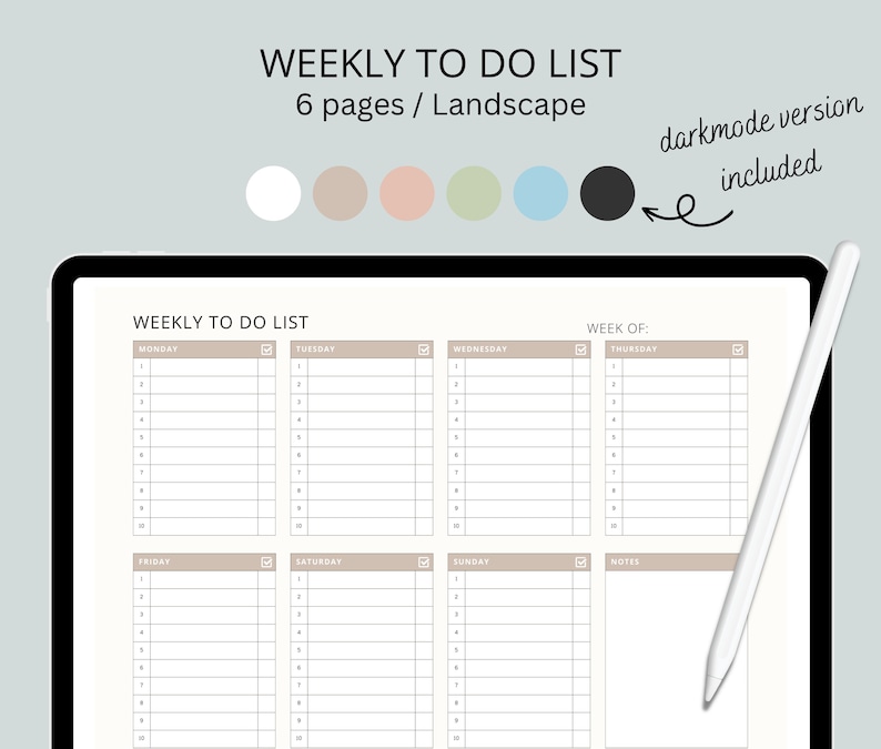 Weekly to Do List for iPad Goodnotes | Landscape to Do List for Digital ...
