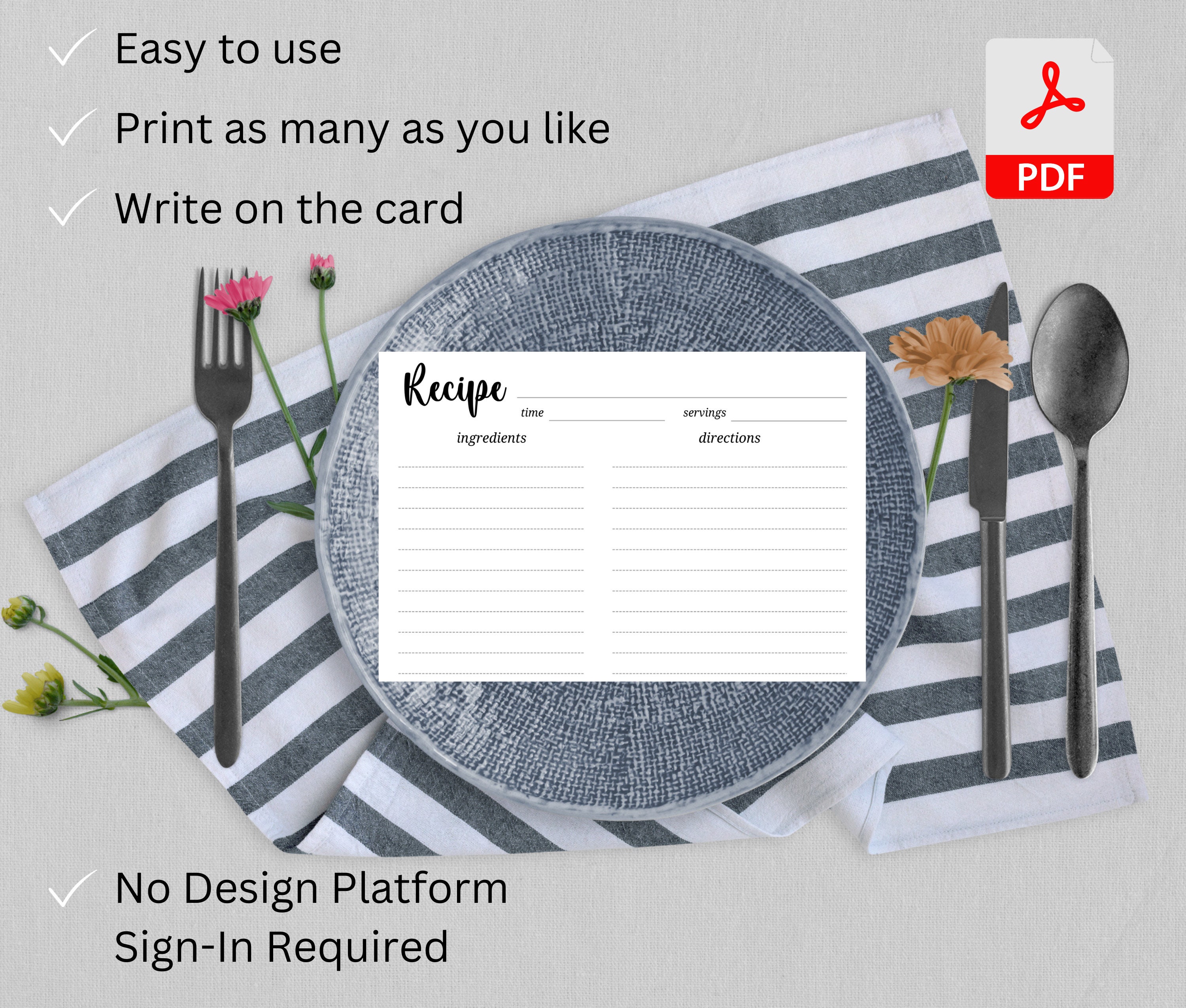 Recipe Card Printable Template Simple Minimal Recipe Card PDF Format ...