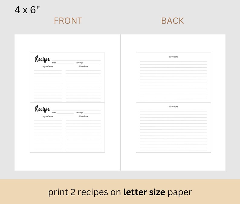 Recipe Card Printable Template Simple Minimal Recipe Card PDF Format ...