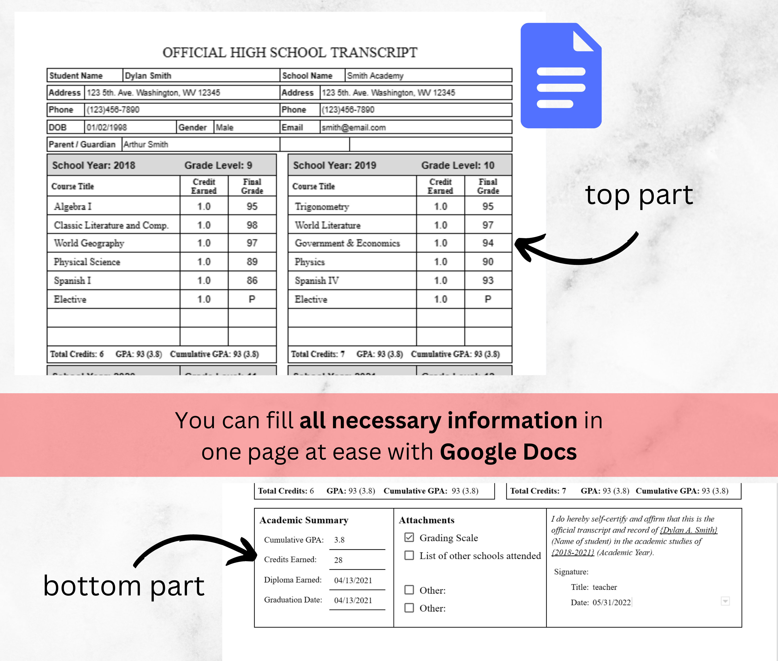 Fillable Printable High School Transcript Template With Google Docs ...