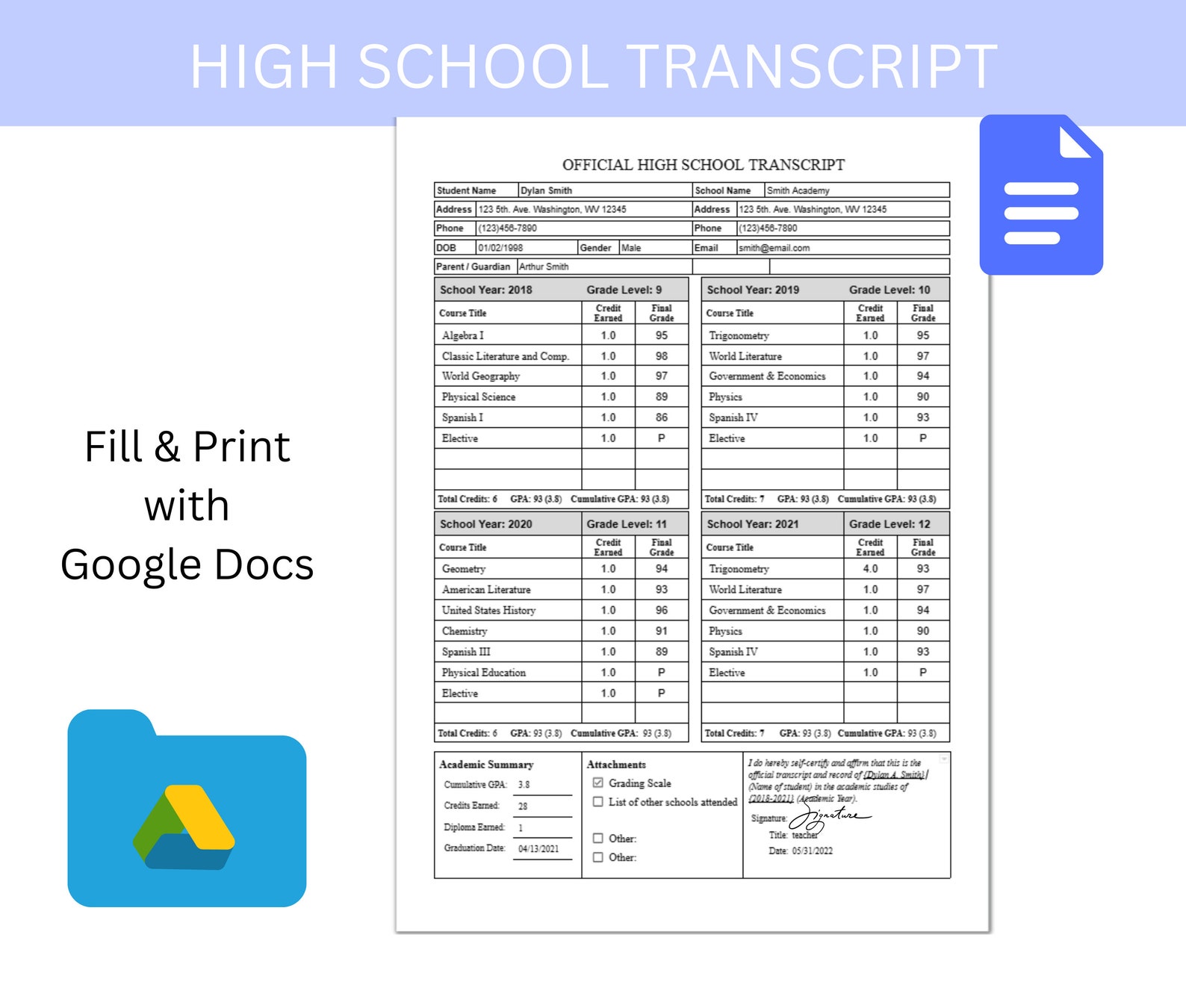 Fillable Printable High School Transcript Template With Google Docs ...