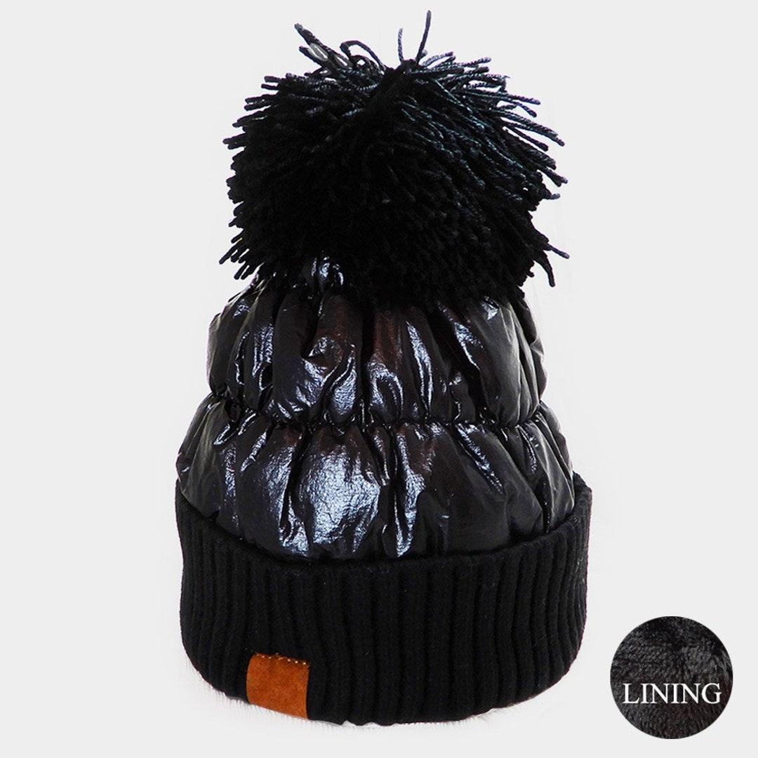 Puffer Knit Pom Pom Beanie Hat - Etsy