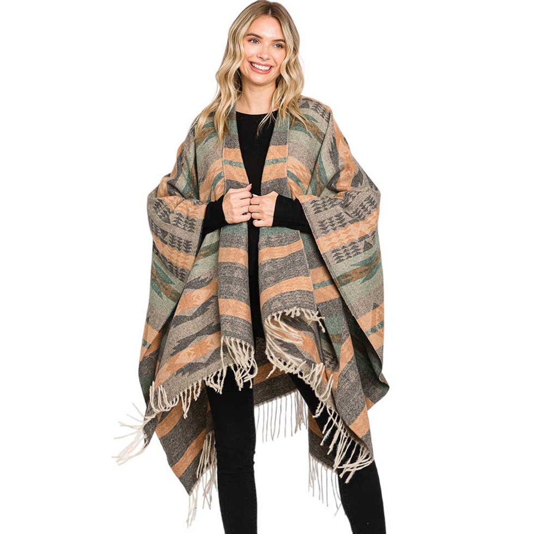 Aztec Patterned Fringe Ruana Poncho - Etsy