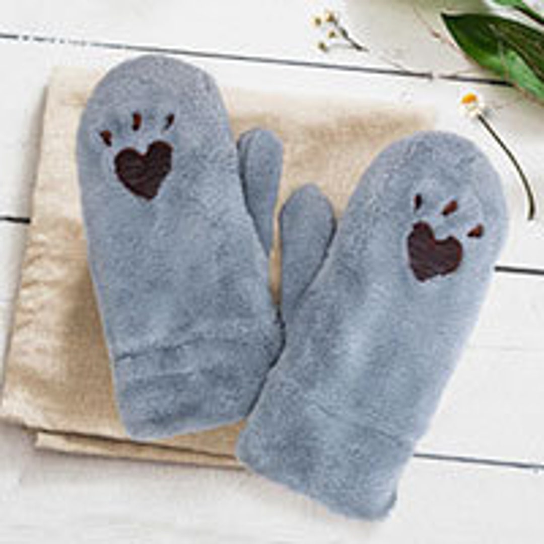 Plush Faux Fur Heart Paw Mitten Gloves - Etsy
