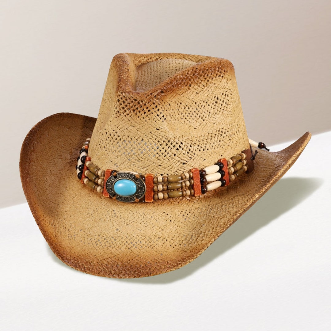 Oval Turquoise Stone Cowboy Hat Pointed Wood Beaded, Straw Western Hat ...