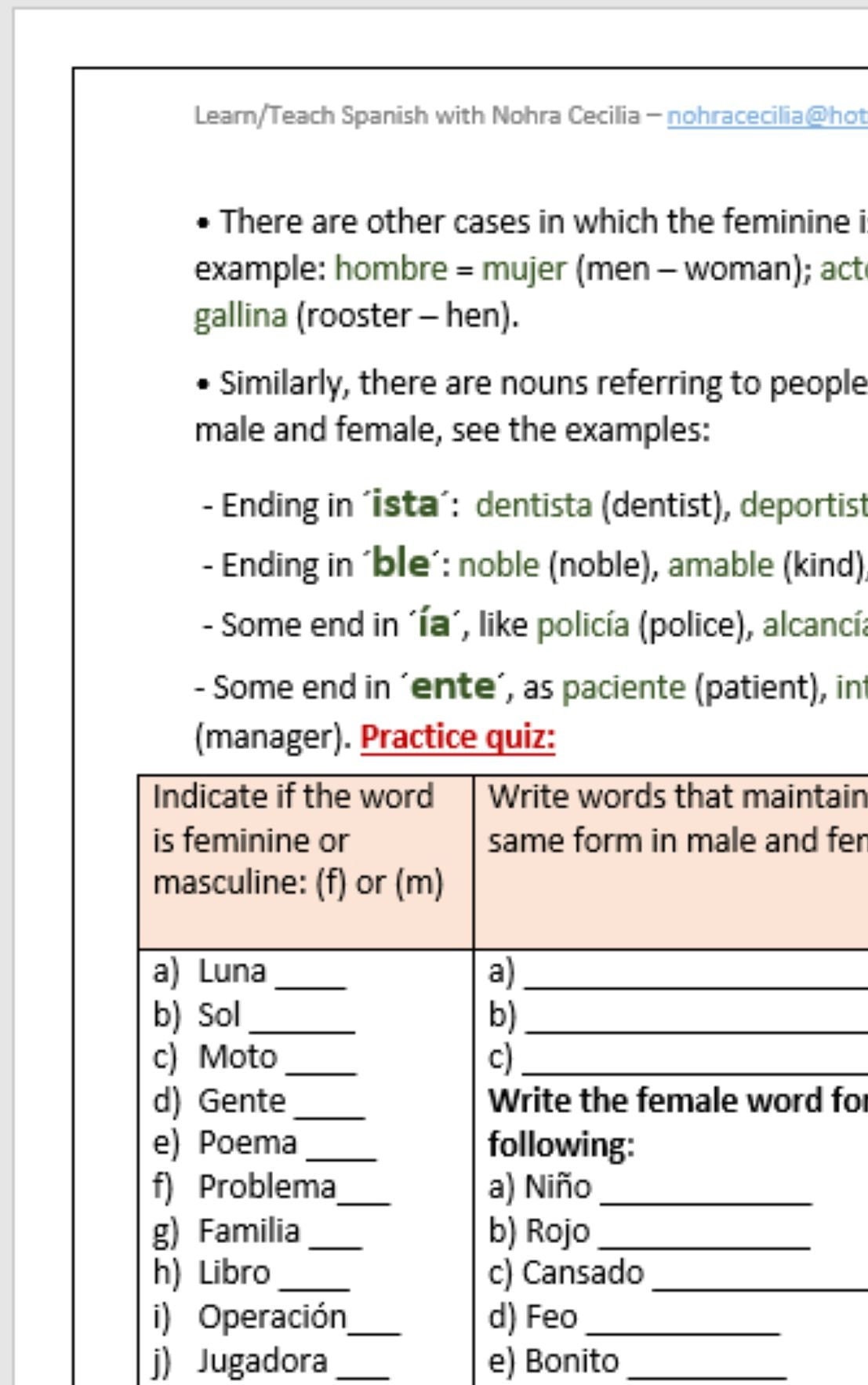 Mastering Masculine and Feminine Nouns in Spanish - Etsy
