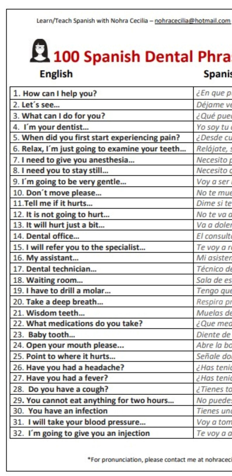 Spanish Medical Words and Phrases for Doctors and Nurses - Etsy