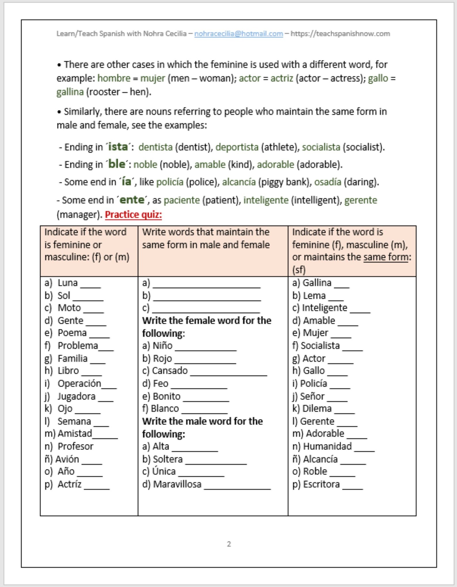 Gender Of Nouns In Spanish Lesson Etsy Espa a