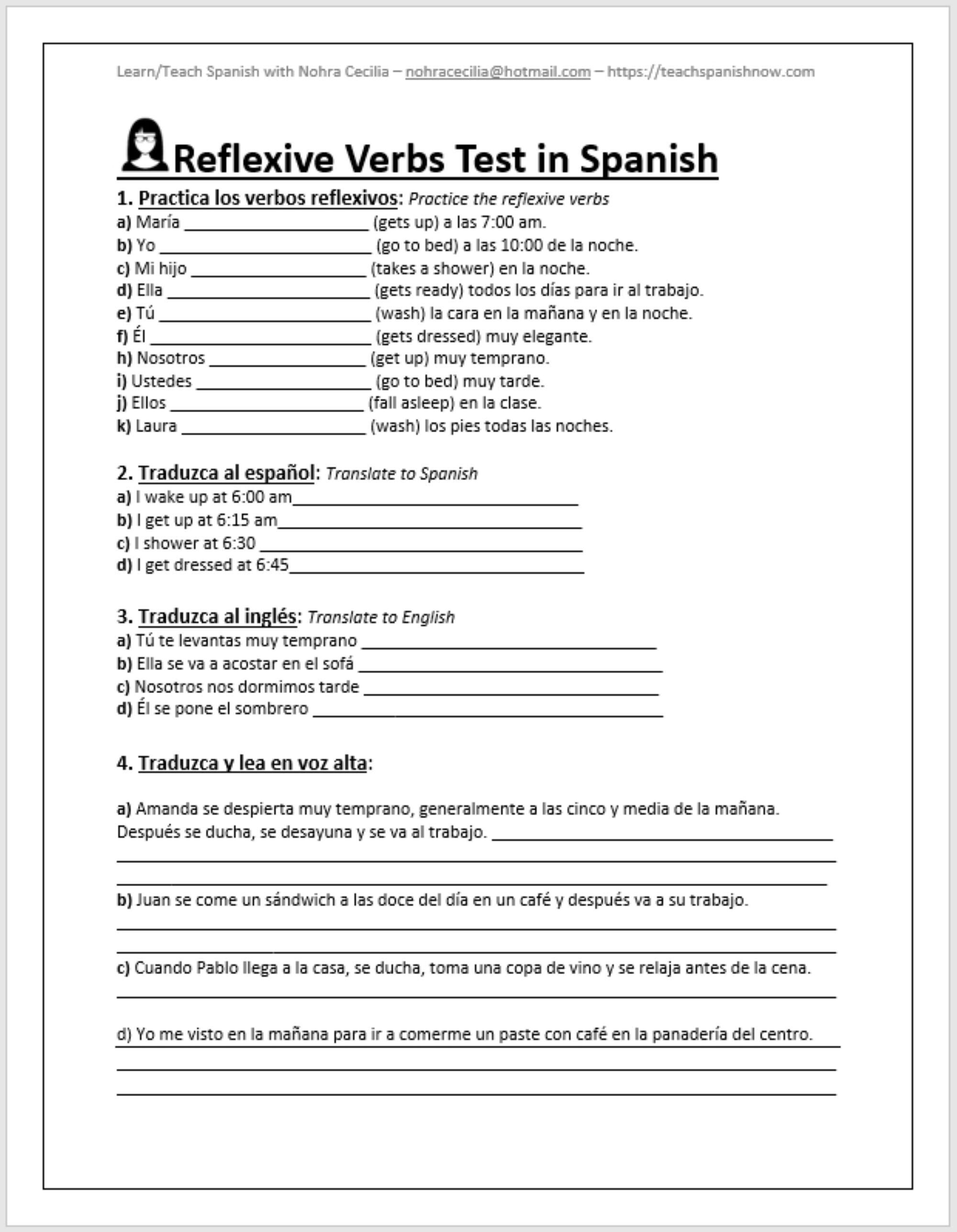 Reflexive Verbs Test in Spanish - Etsy España