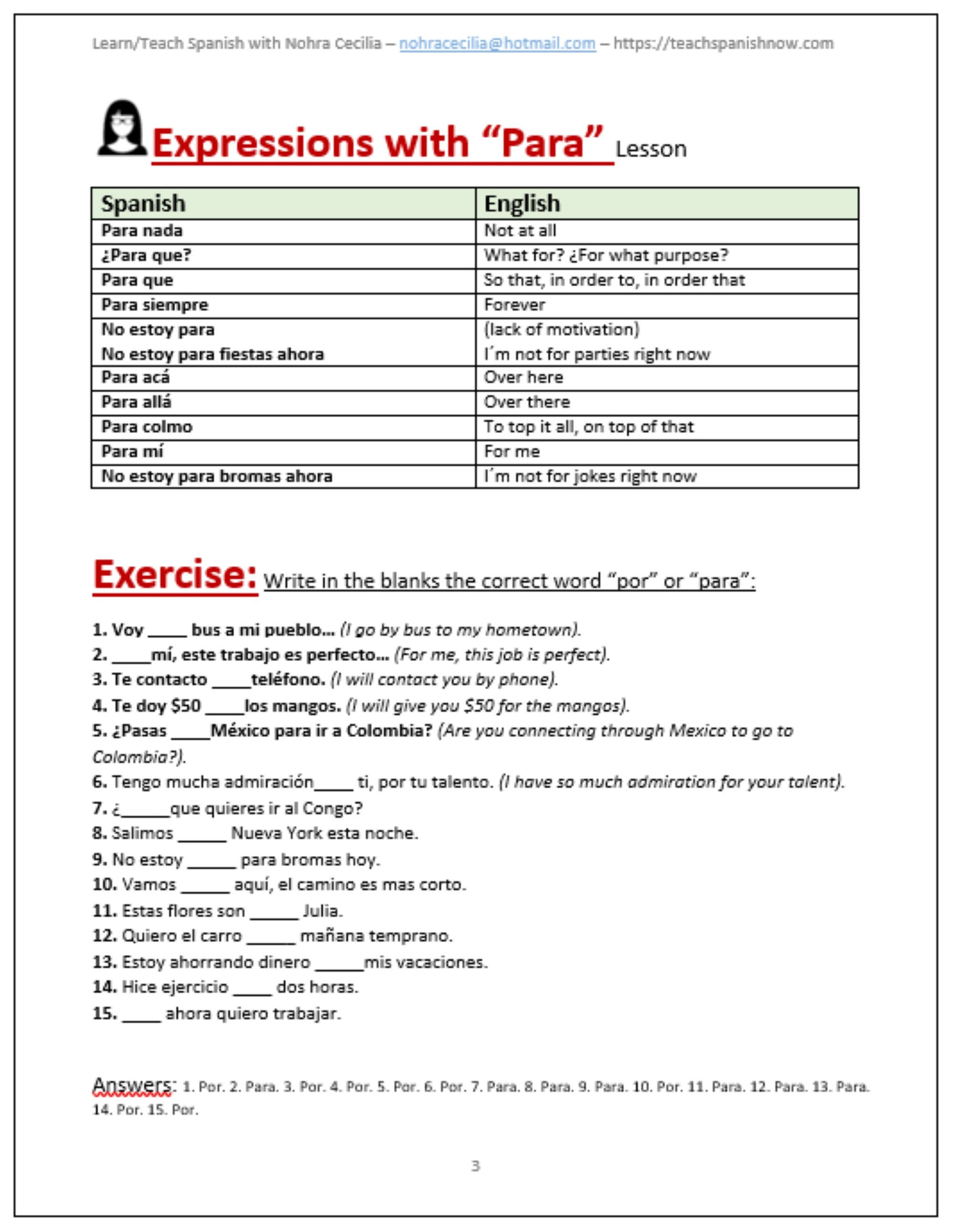 Por and Para in Spanish - Etsy