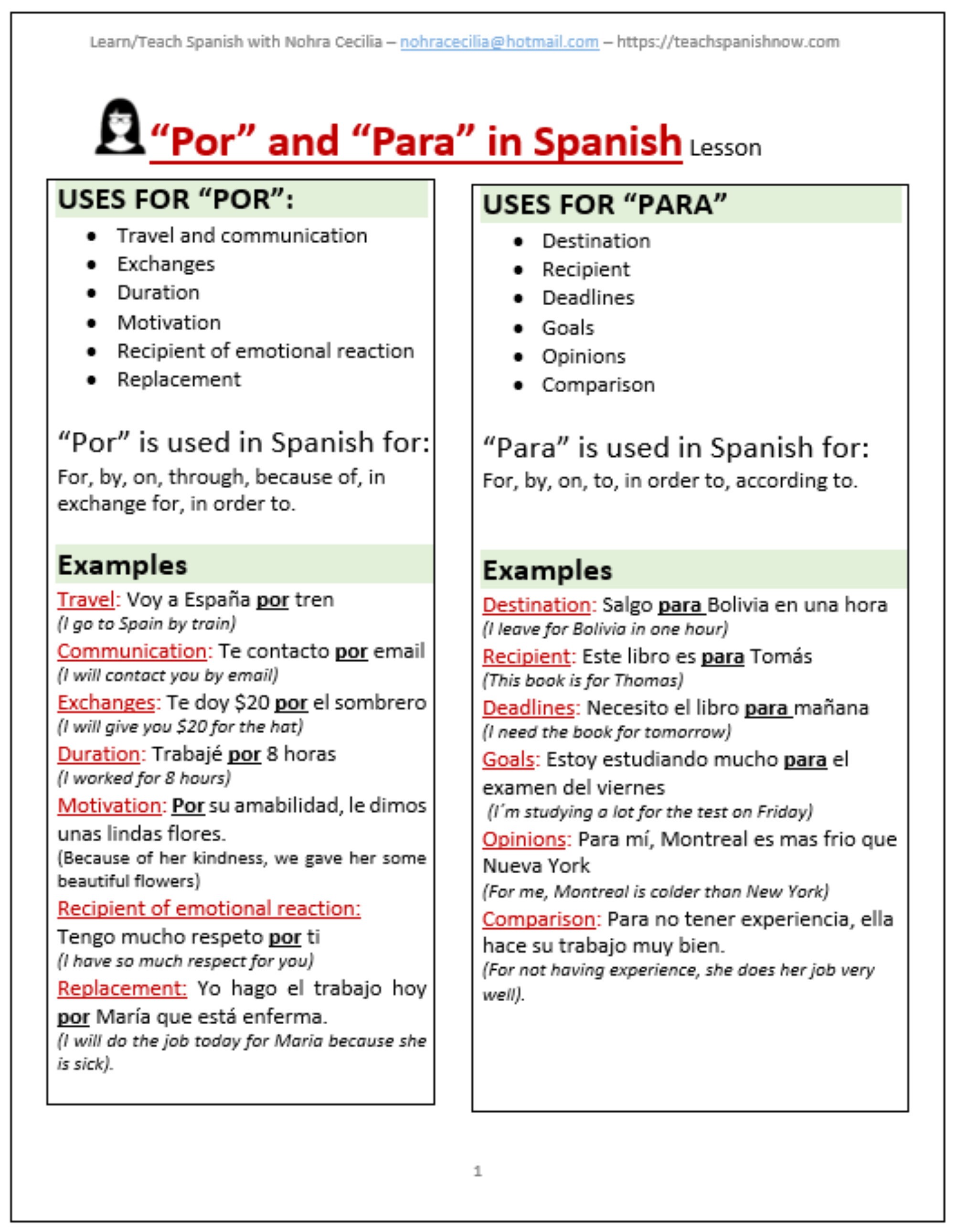 Por and Para in Spanish - Etsy