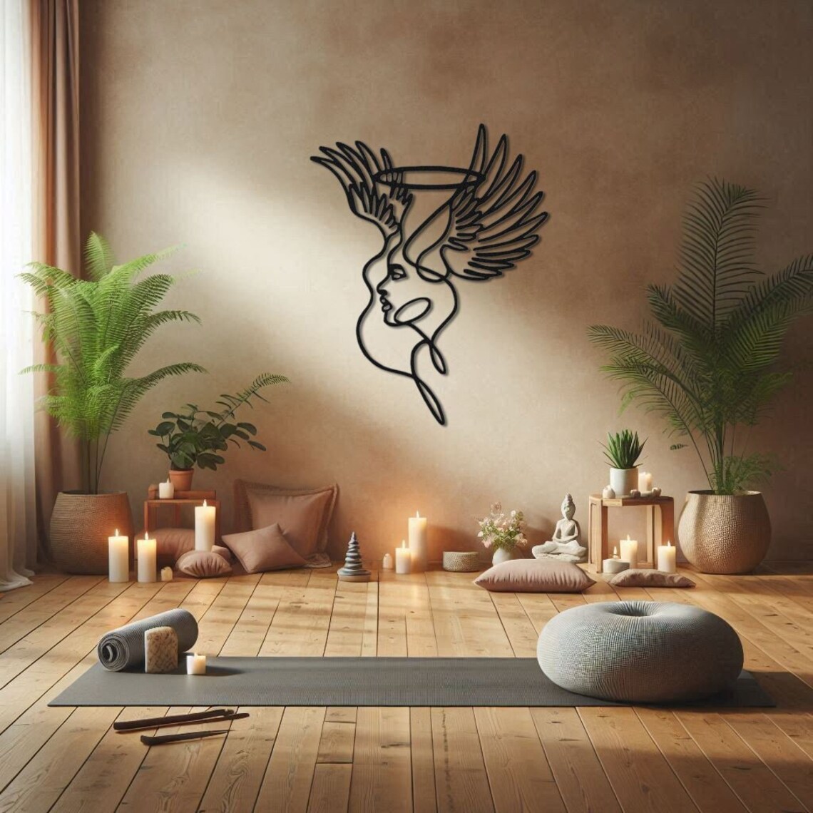 Angel Woman Line Art Wall Decor, Spiritual Guide Metal Wall Art ...