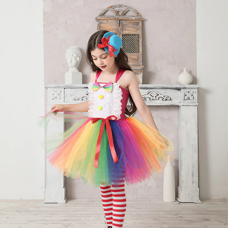 Rainbow Clown Girl Tutu Dress With Hair Clip Kids Circus - Etsy