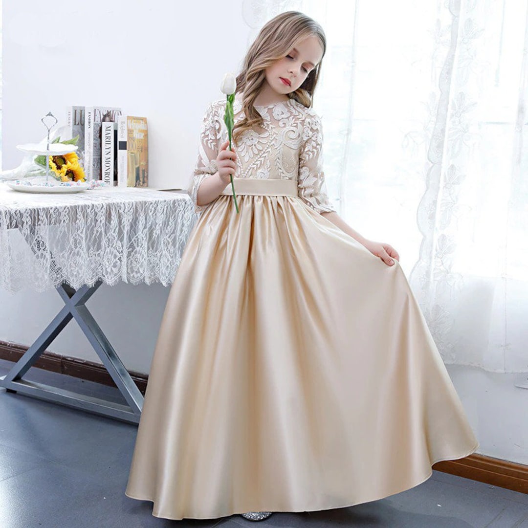 Girls Champagne Flower Girls Dress Kids Bridesmaid Lace Dress Wedding ...