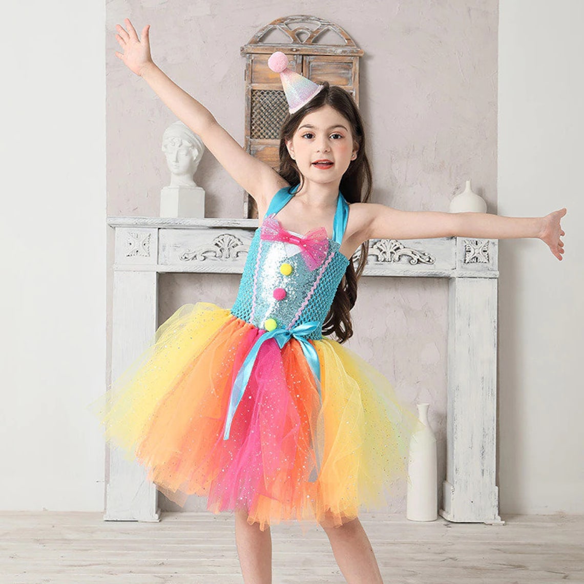 Girls Clown Costume Rainbow Fancy Dress Kids Birthday - Etsy