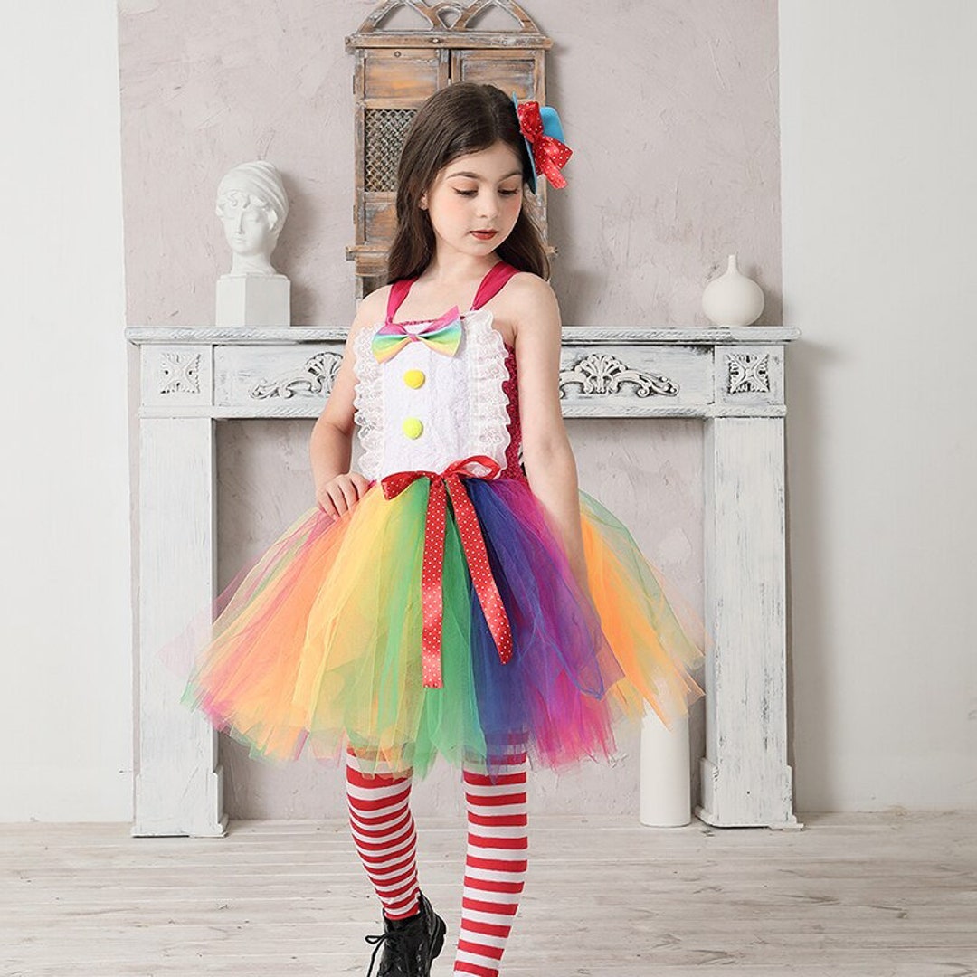 Rainbow Clown Girl Tutu Dress With Hair Clip Kids Circus Tulle Ball ...
