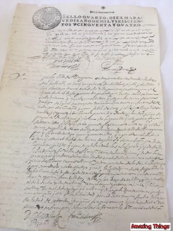 2 sides Stamped with Sello Qvarto Diez Maravedis Antique manuscript ...