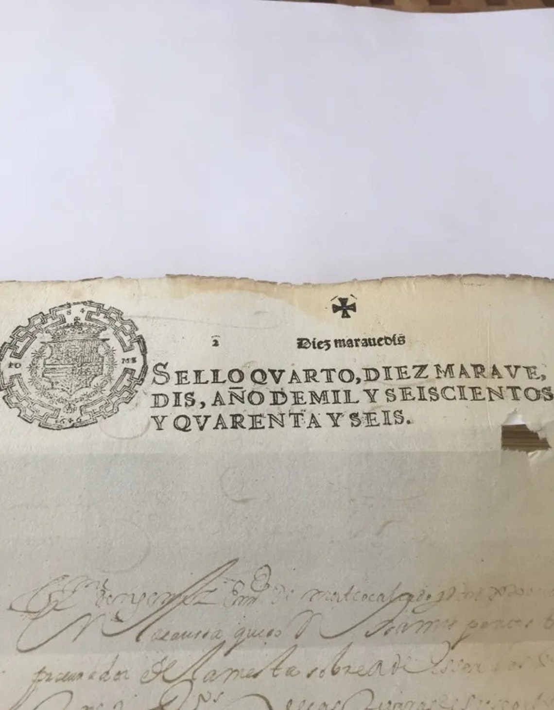 Antique Manuscript. Year 1646. Stamped With sello Qvarto Diez Maravedis ...