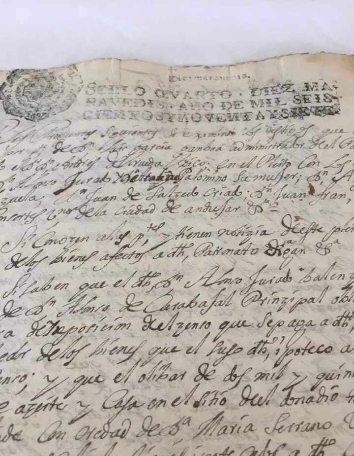 Antique Manuscript. Year 1697. 4 Sides. Stamped With "sello Qvarto Diez ...