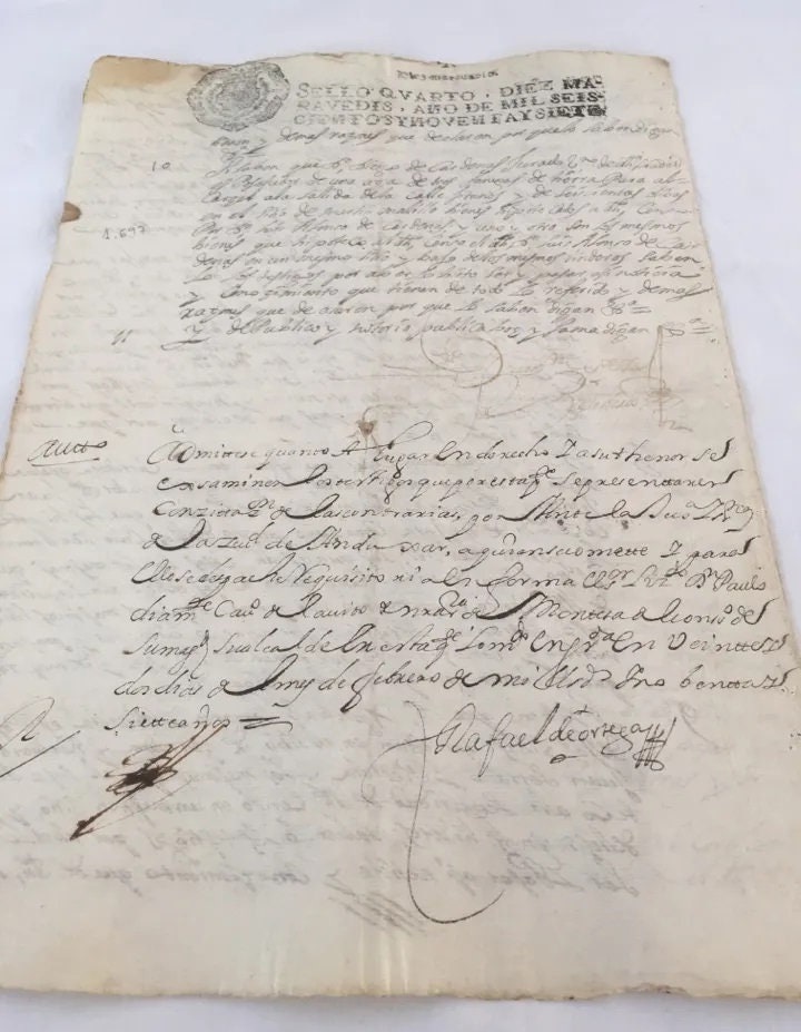 Antique Manuscript. Year 1697. 4 Sides. Stamped With "sello Qvarto Diez ...