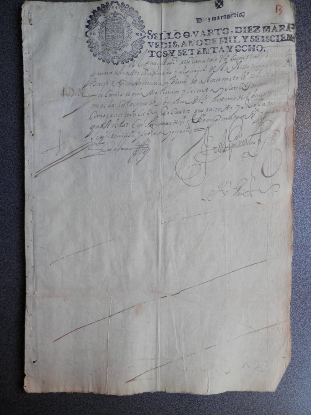 Antique Manuscript. Year 1678. Stamped With "sello Qvarto Diez ...