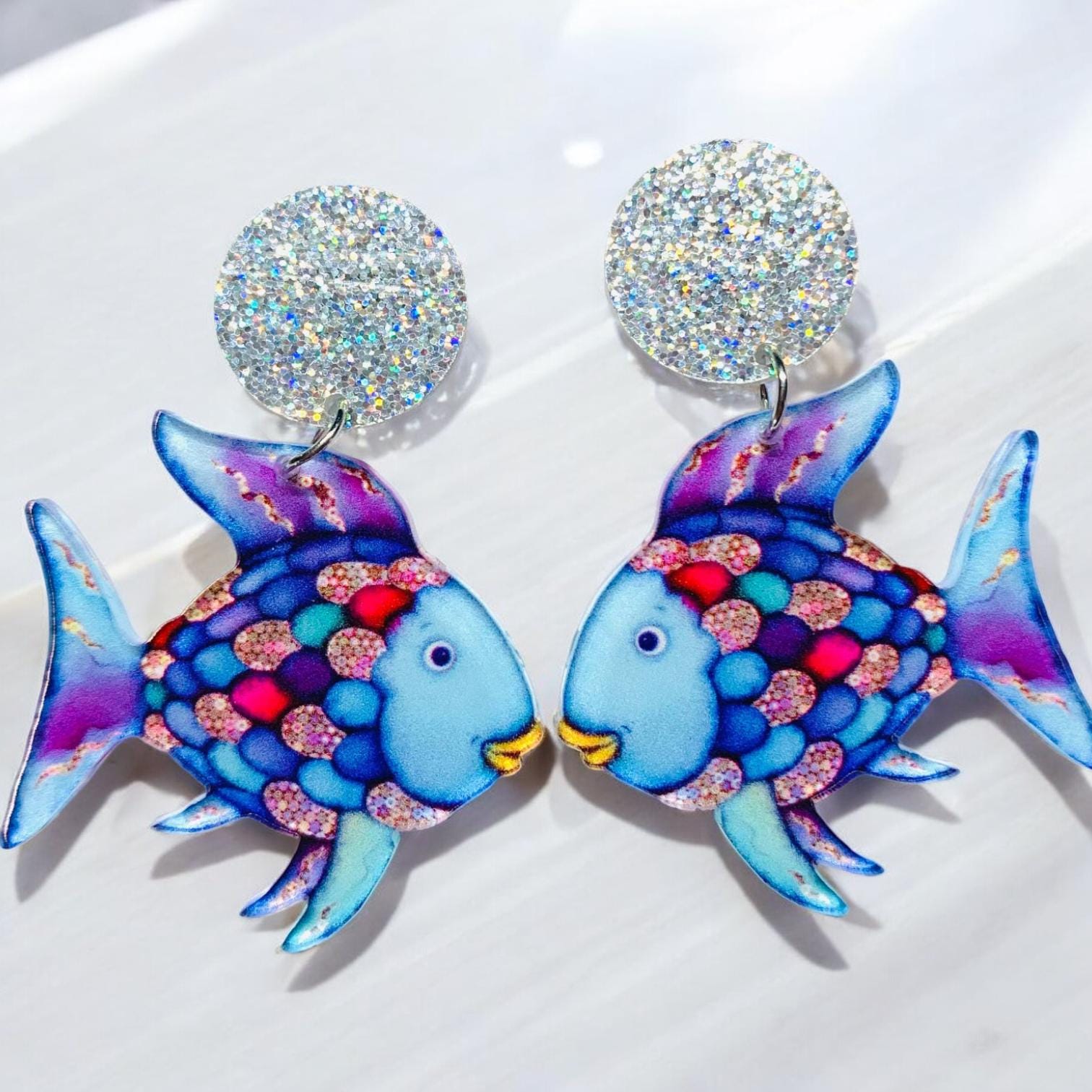 LyannasCloset Rainbow Fish Inspired Earrings Rainbow Fish Dangle Drop Earrings Literacy Week earrings acrylic Earrings