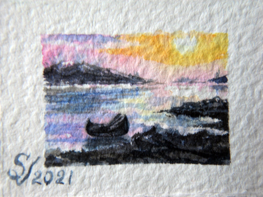 Tiny Watercolor Boat Painting Seascape Watercolor Sunset Miniature ...