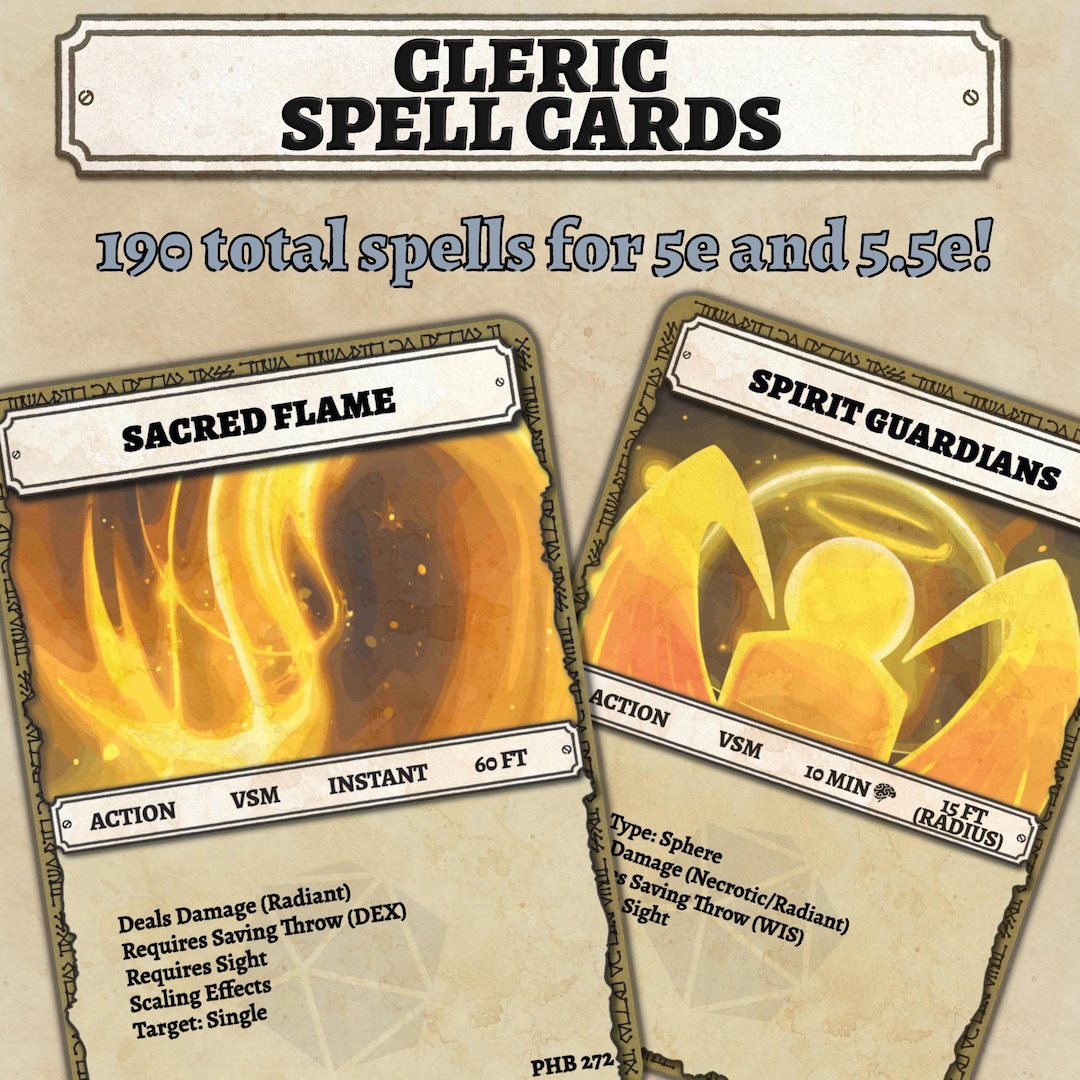 Cleric Spell Cards for DND 5.5E - Full-text and Illustrated! 5E 2014 and 5.5E 2024 - Etsy