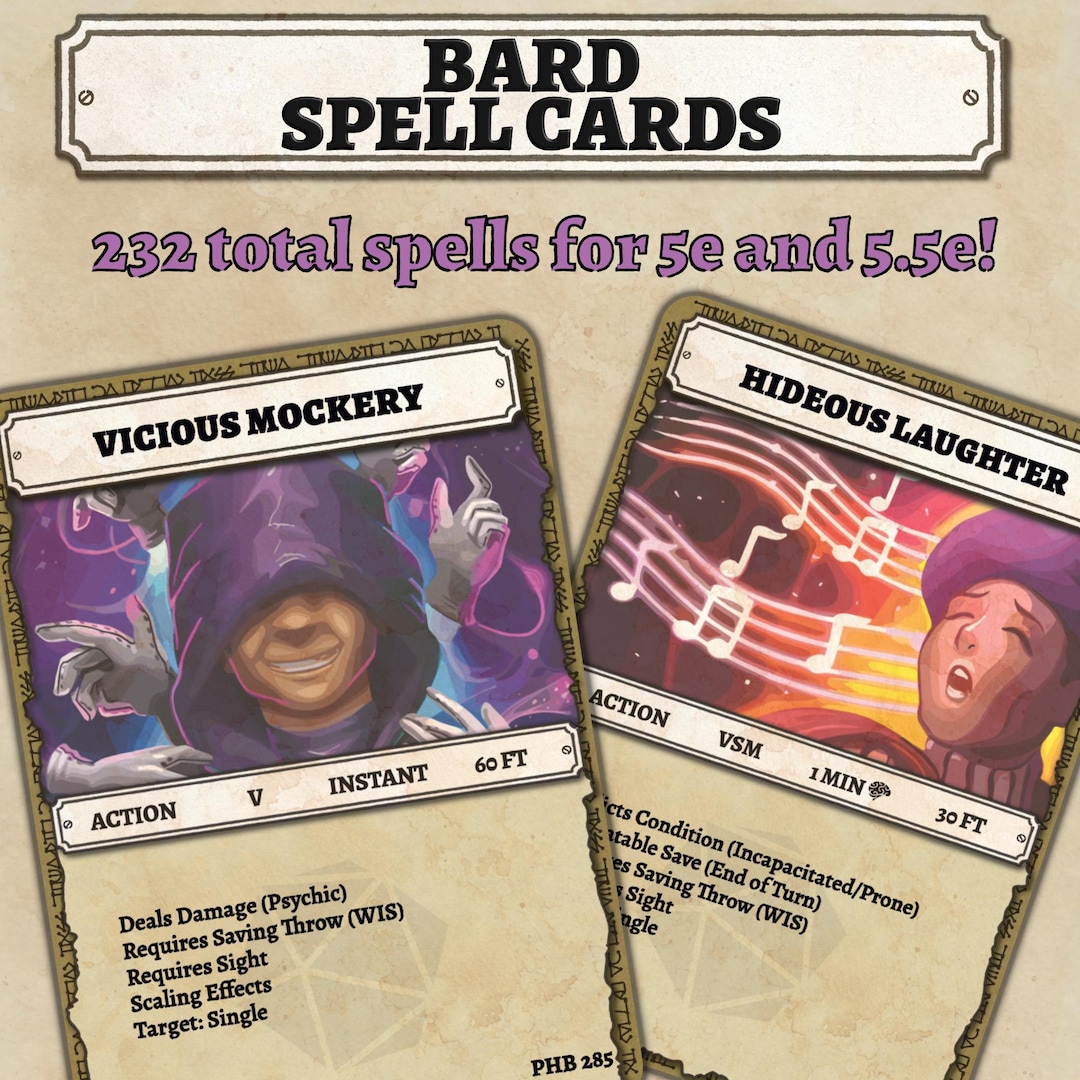 Bard Spell Cards for DND 5.5E - Full-text and Illustrated! 5E 2014 and ...