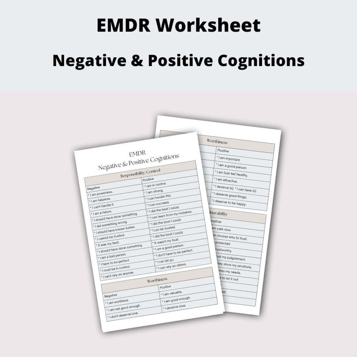 EMDR Therapist Handout - Negative Positive Cognitions Worksheet ...
