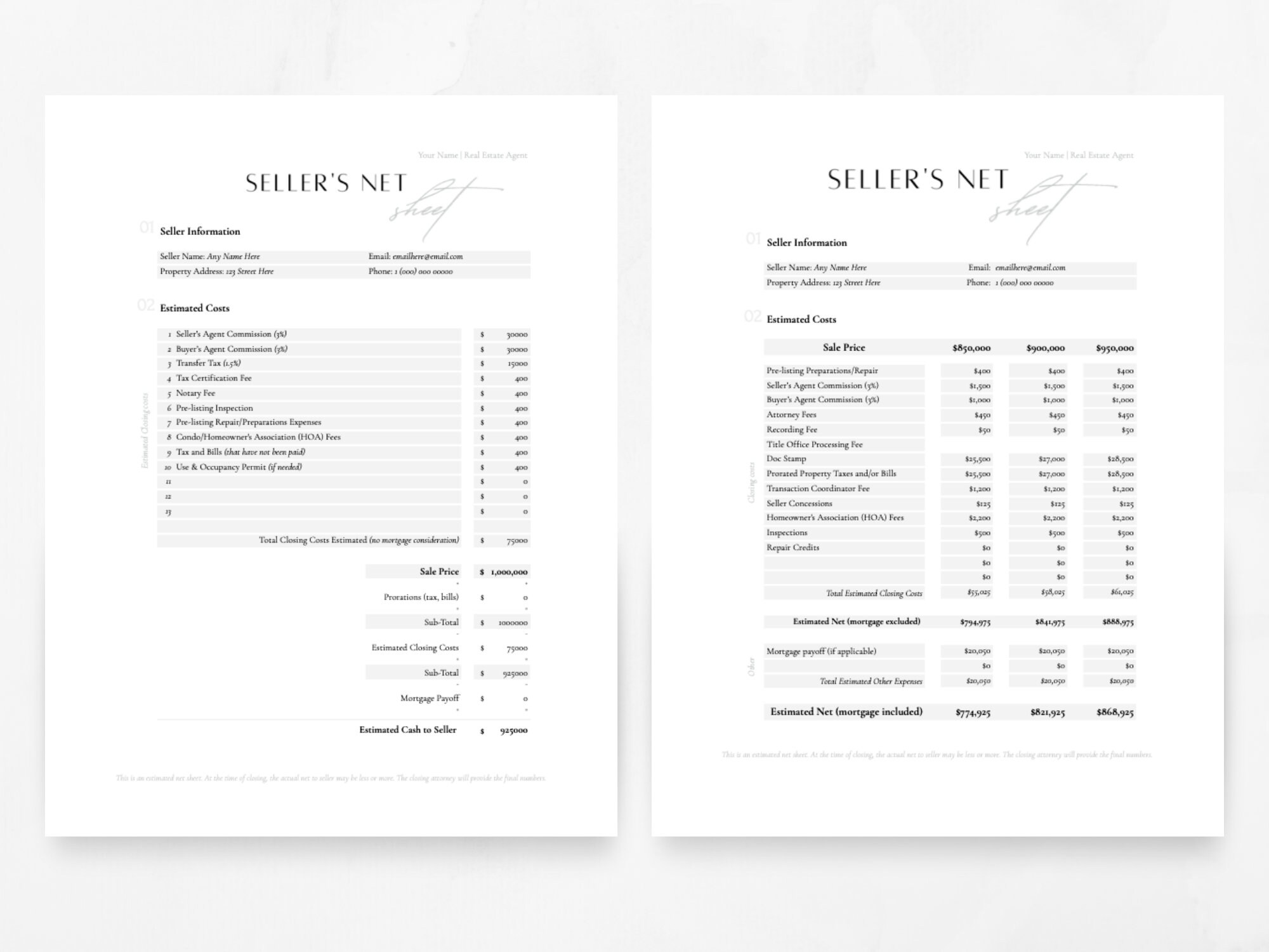 Seller's Estimated Net Sheet: Pre-listing, Closing Costs. Template ...