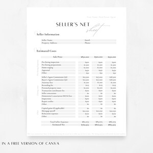 Seller's Estimated Net Sheet: Pre-listing Closing Costs. - Etsy