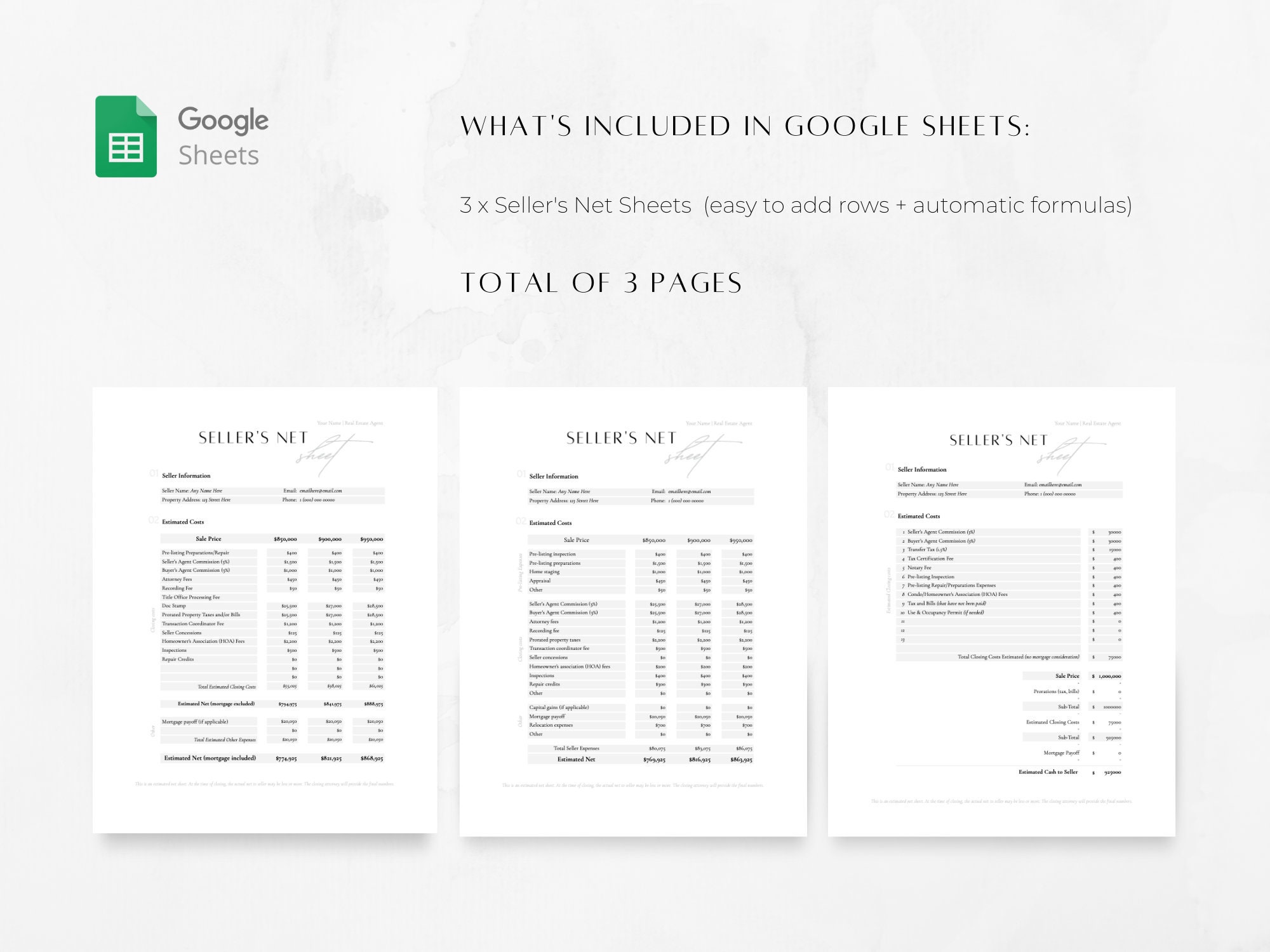 Seller's Estimated Net Sheet: Pre-listing, Closing Costs. Template ...