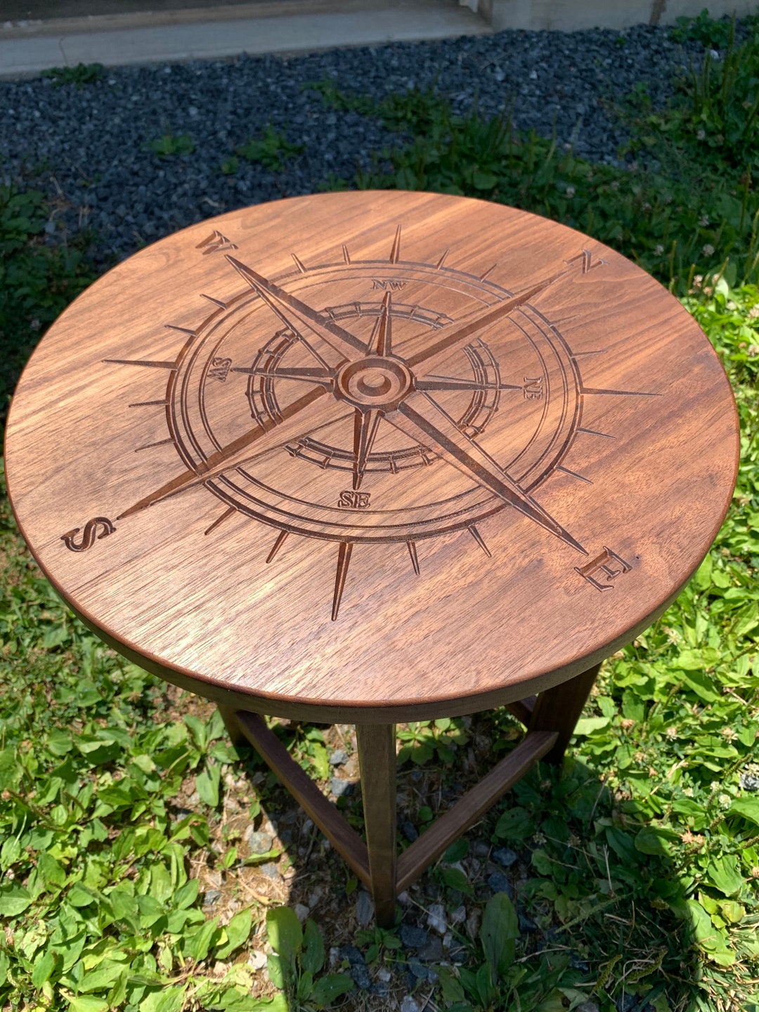 Walnut Engraved Nautical Compass End Table - Etsy
