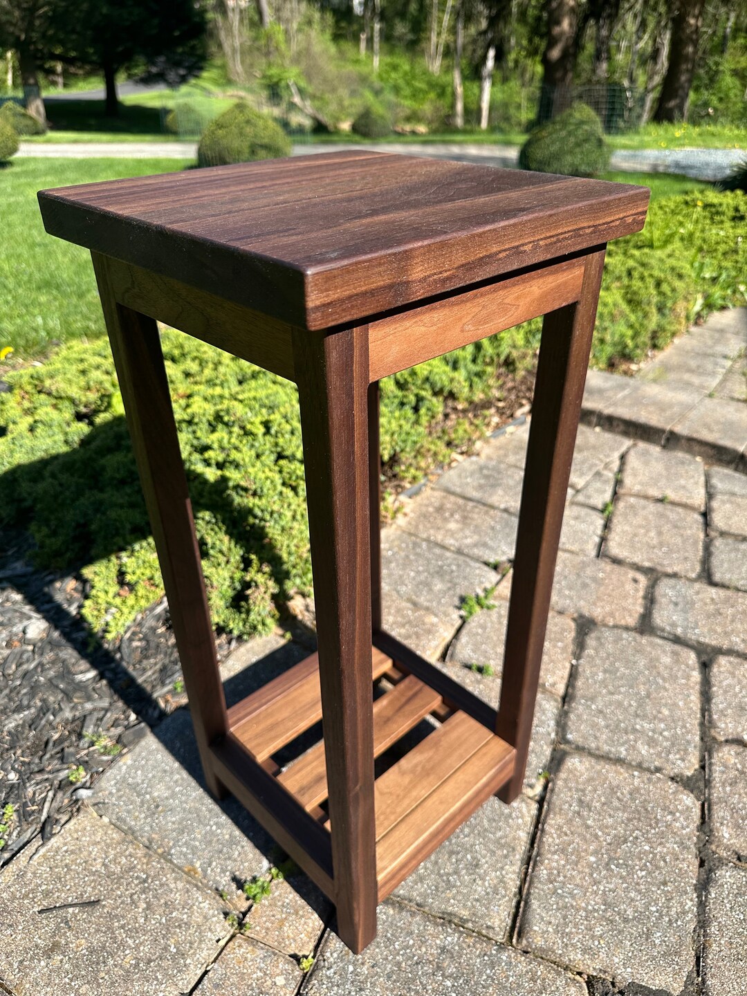 Walnut Handcrafted Rustic Solid Wood Plant Stand With Bottom Shelf ...